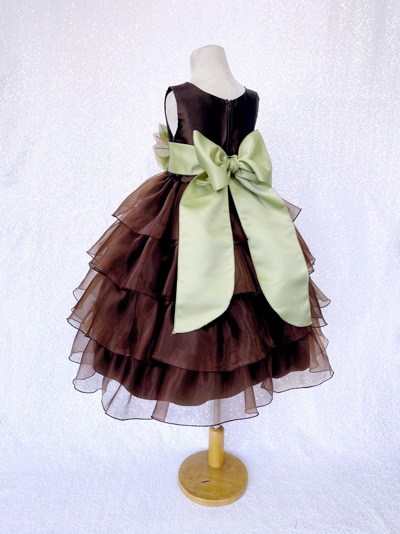 Fall Formal Rustic Brown Organza Ruffle Sage Satin Sash Dress - Etsy