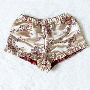 Floral Embroidery Satin Ruffle Trim Shorts Pajama Champagne Red PJ ...