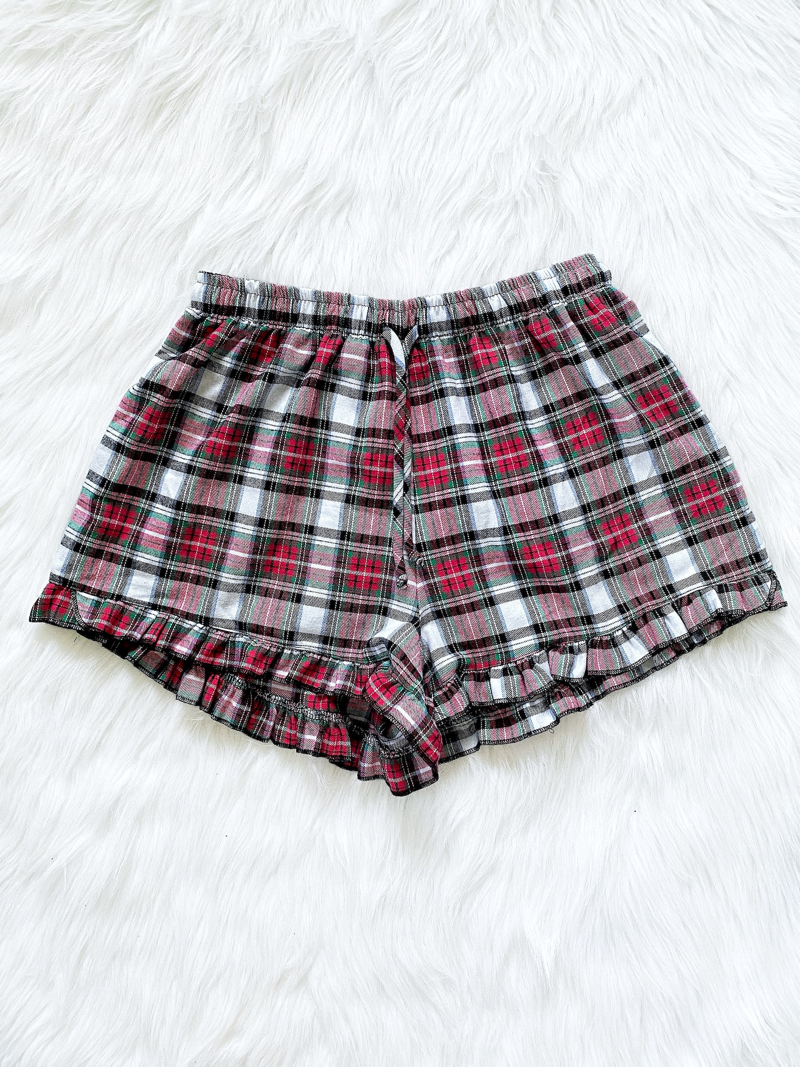 Adult Christmas Flannel Plaid Pajama Shorts: Ruffle Trimmed Cotton ...