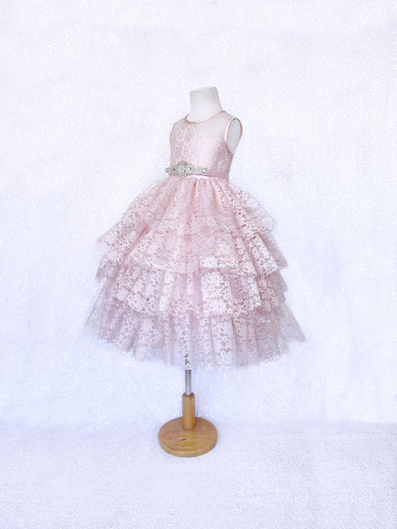 Blush Pink Lace Ruffle Dress Rhinestone Ribbon Toddler Junior - Etsy