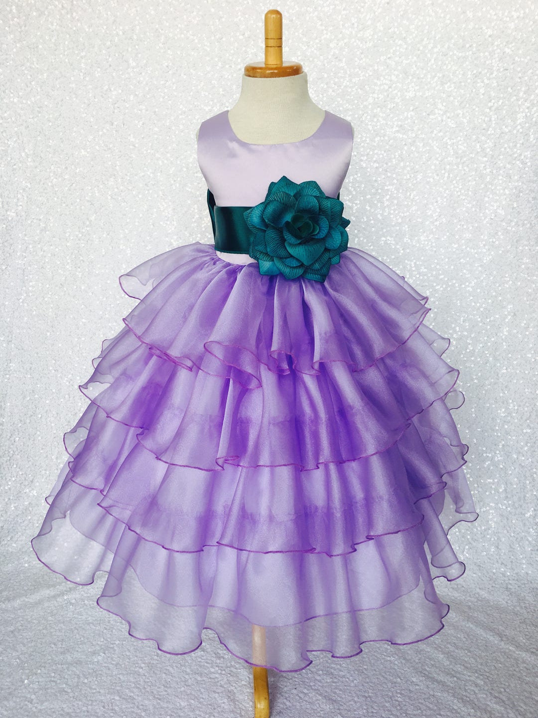 Organza Ruffle Lilac Dress Teal Satin Sash Flower Girl Gown Wedding ...