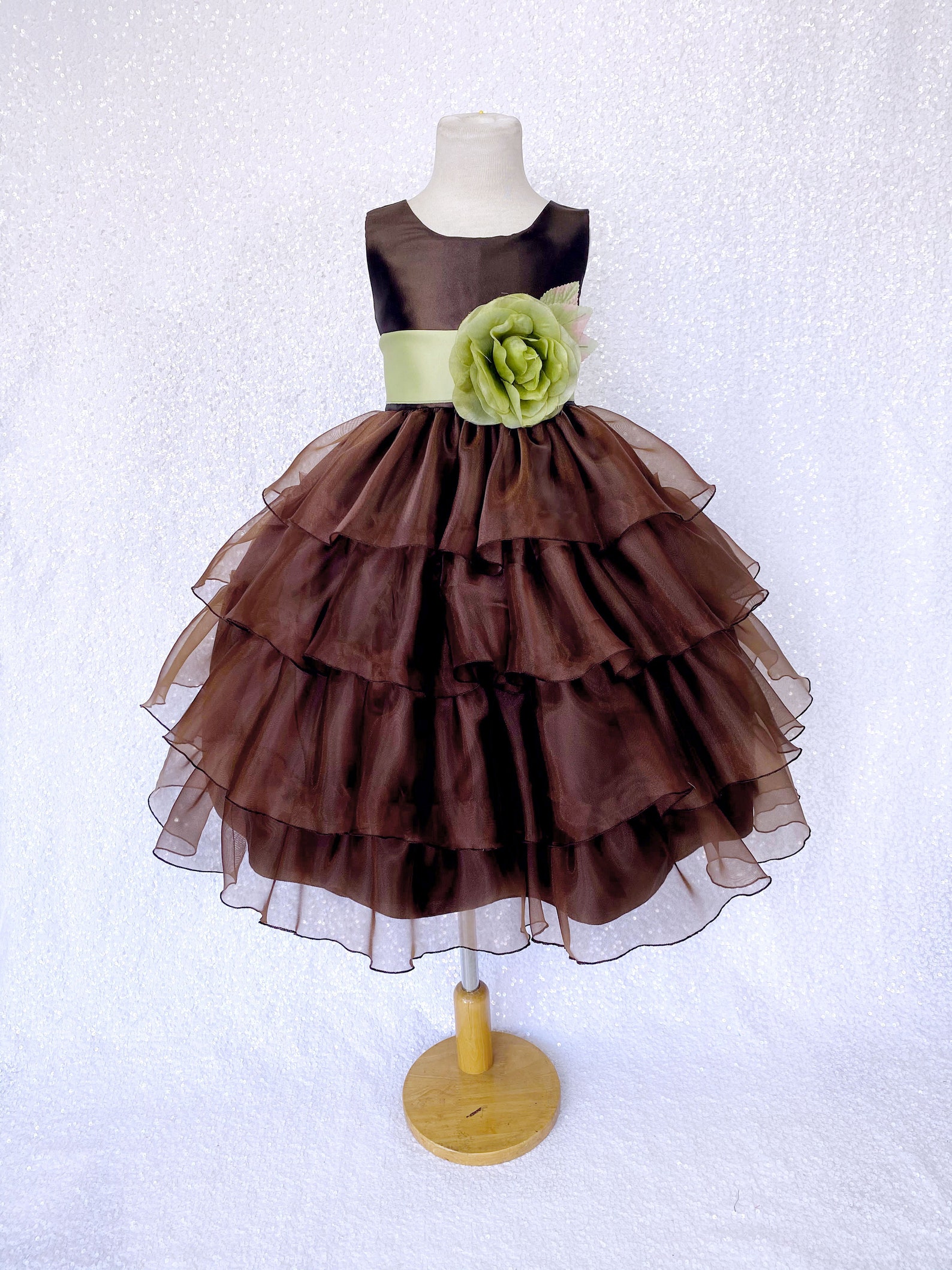 Fall Formal Rustic Brown Organza Ruffle Sage Satin Sash Dress | Etsy