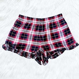 Ruffle Trim Buffalo Plaid Fleece PJ Shorts Adult Women Sleepwear ...