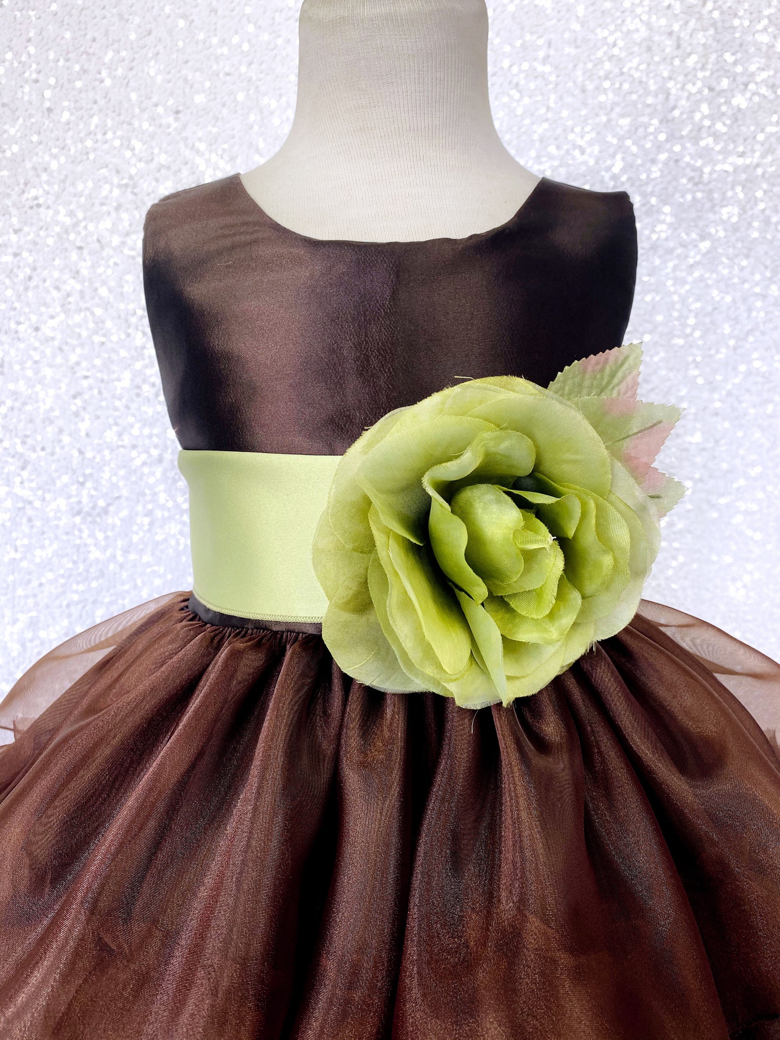 Fall Formal Rustic Brown Organza Ruffle Sage Satin Sash Dress - Etsy