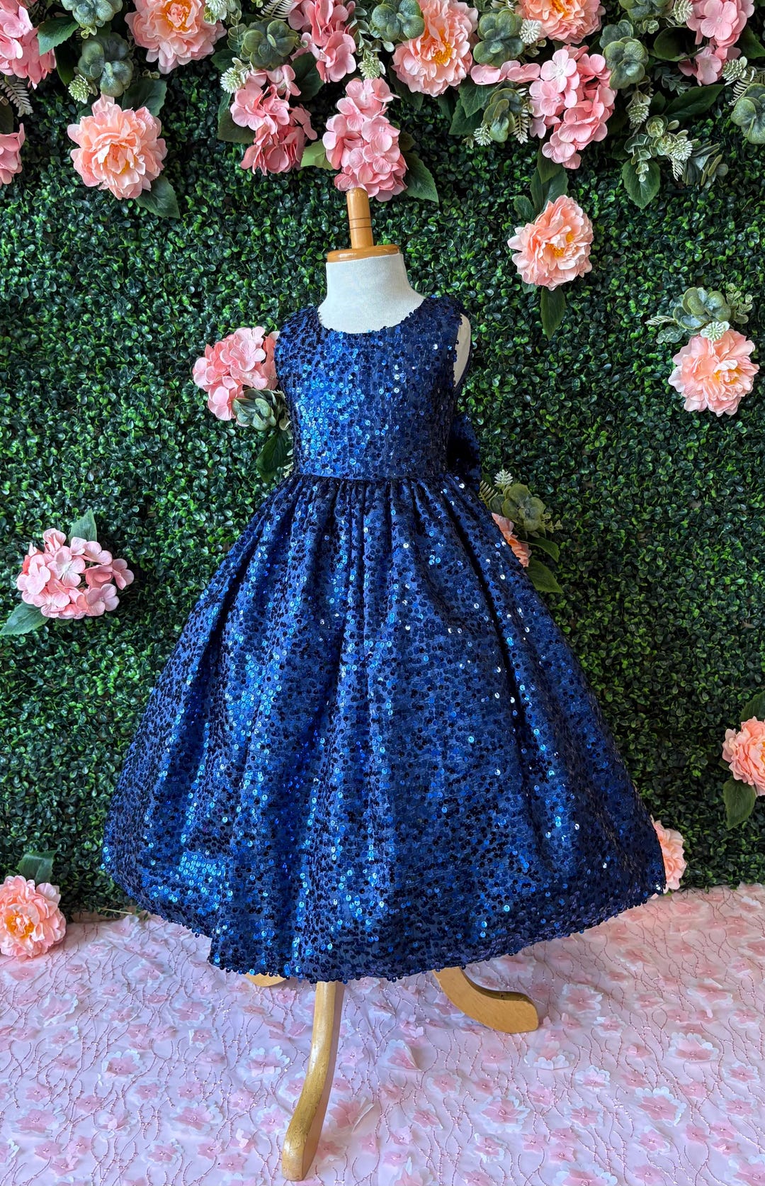Navy Blue Sequin Pageant Birthday Keyhole Back Ankle Toddler Junior ...