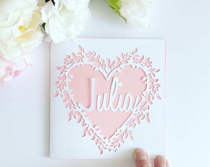 Personalised Floral Heart Papercut Name Card, Wedding Card, Anniversary ...