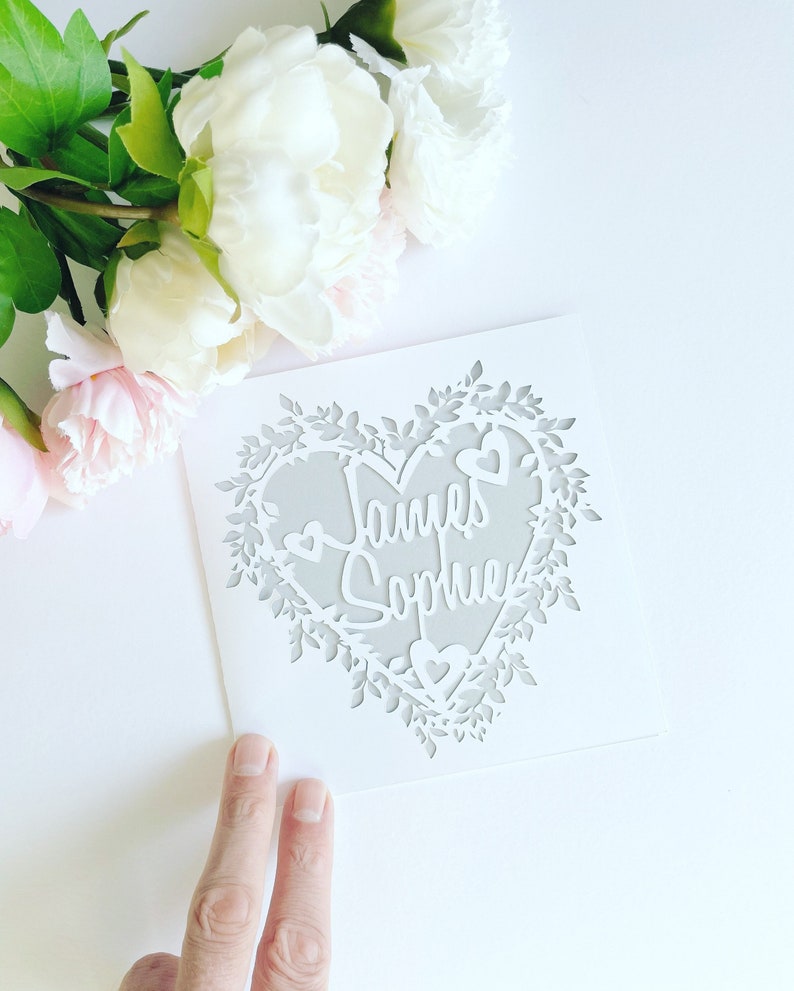 Personalised Floral Heart Papercut Name Card Wedding Card - Etsy UK