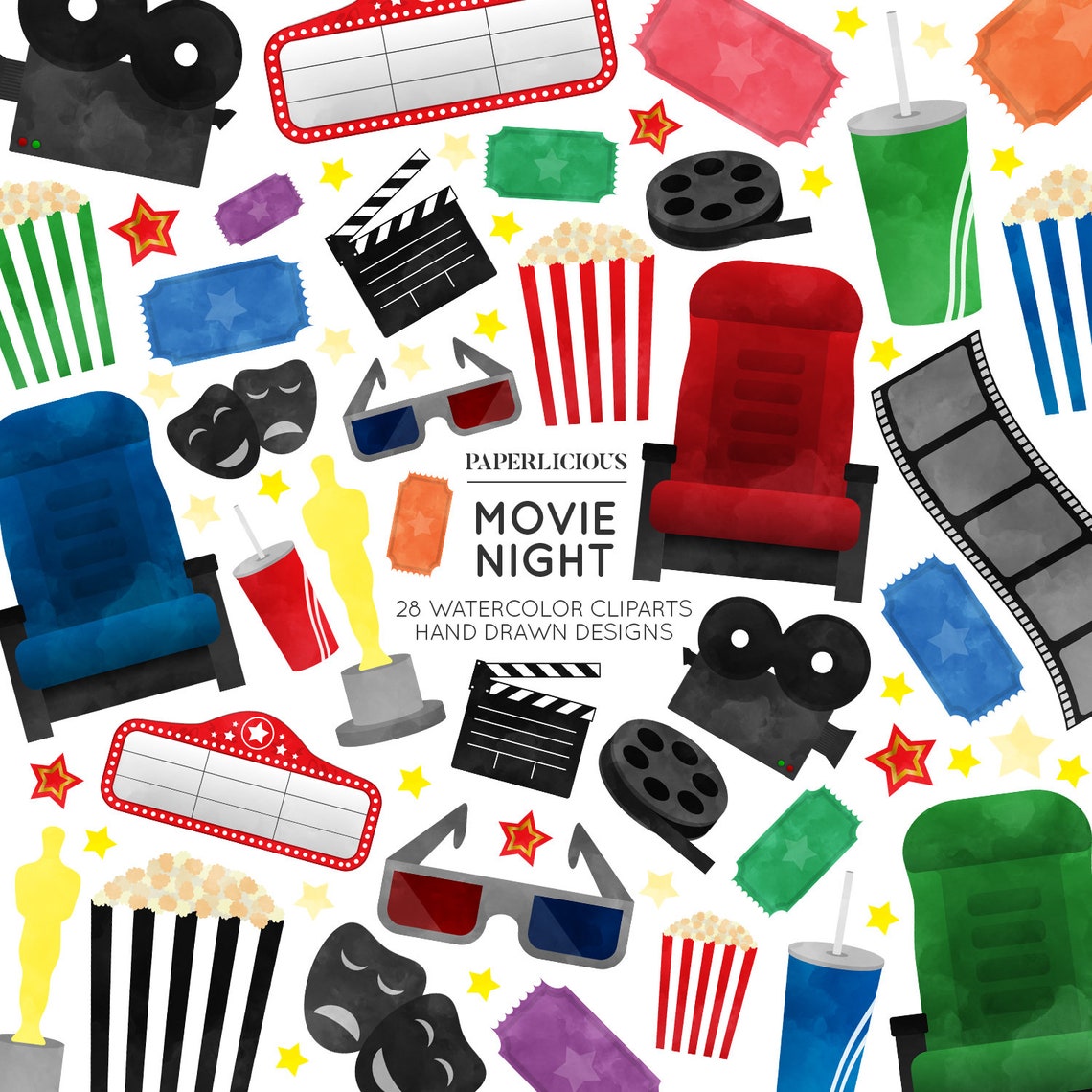 Cinema Cliparts Watercolor Cliparts Cinema Illustration - Etsy