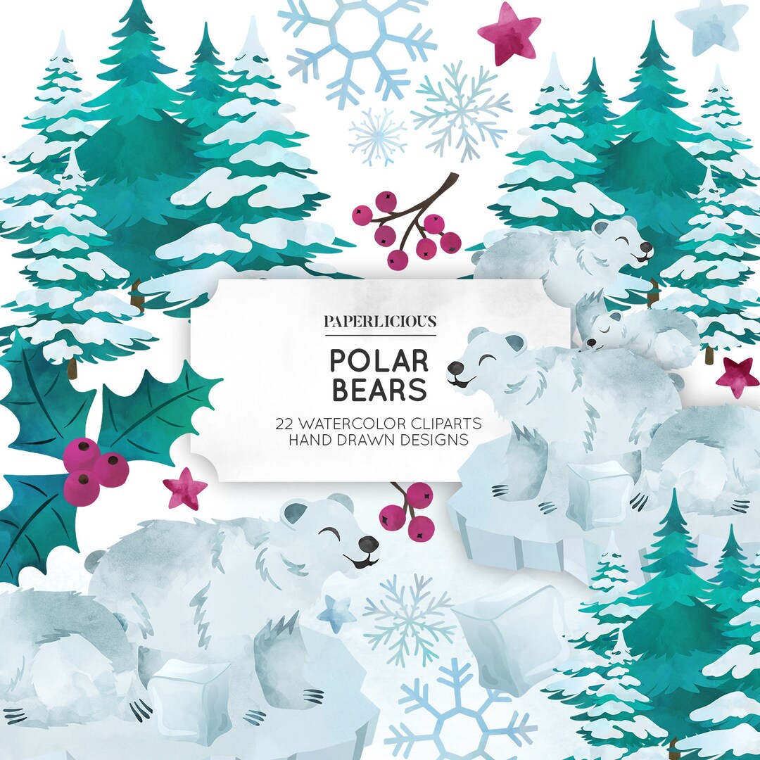 Polar Bears Watercolor Clip Arts, Winter Clipart, Christmas Planner ...