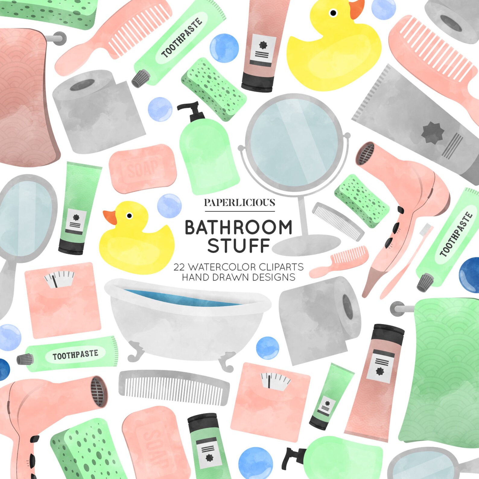 Bathroom Watercolor Clipart, Bath Illustration, Mirror Clipart, Shower ...