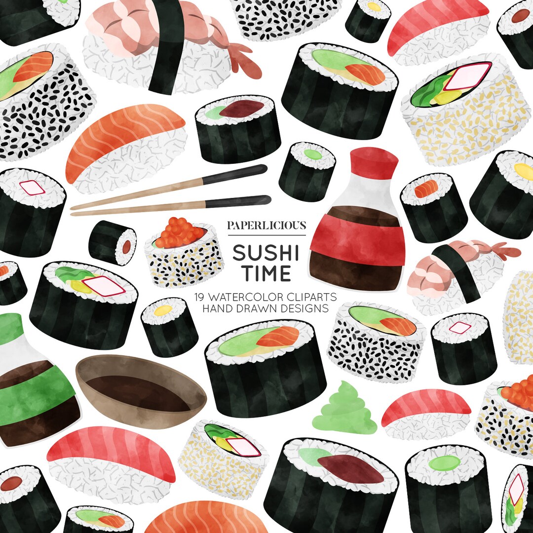 Sushi Watercolor Cliparts, Sushi Illustration, Japanese Clipart, Food ...