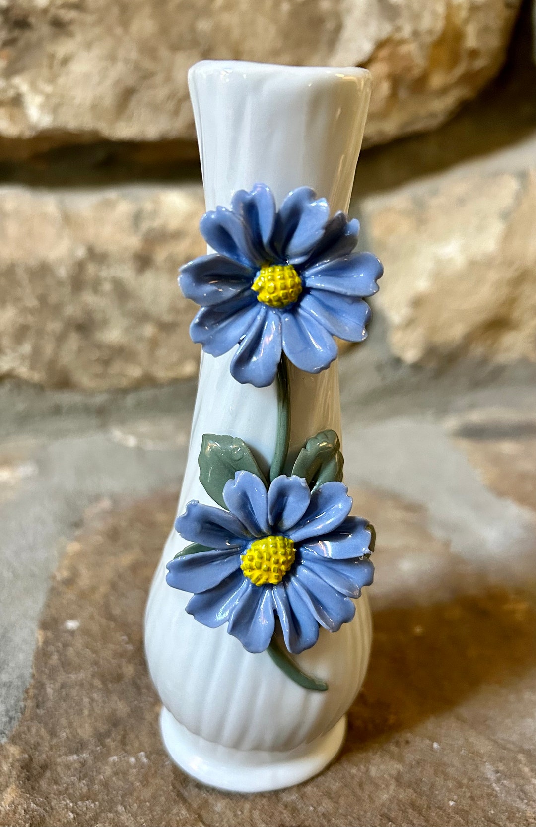 RARE Vintage Enesco Bud Vase, Blue Flowers High Relief Porcelain Vase ...
