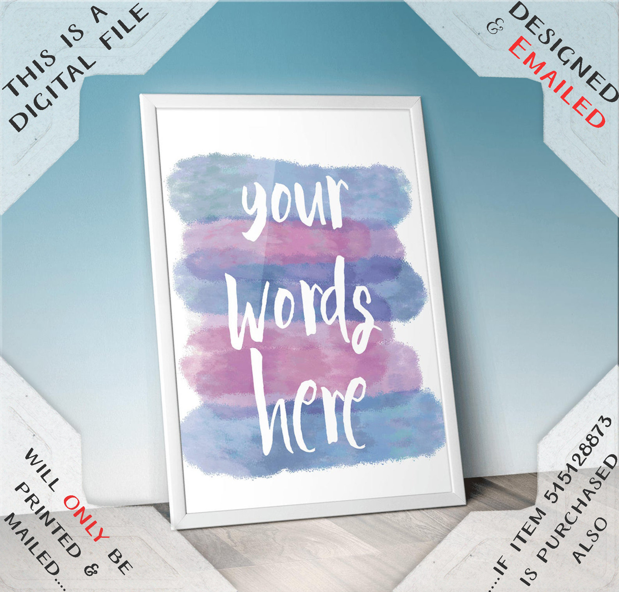 Custom PRINTABLE Watercolour Word Art, Blue & Pink Watercolour, Custom ...