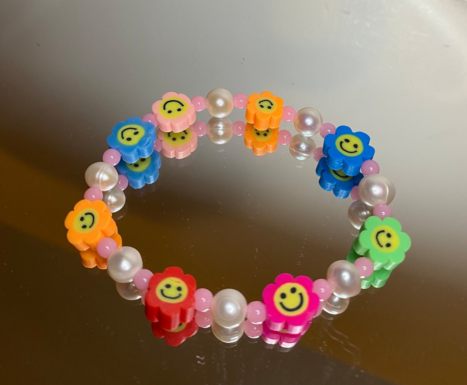 Smiley Face Flowers White Freshwater Pearl Beaded Stretchy Bracelet - Etsy