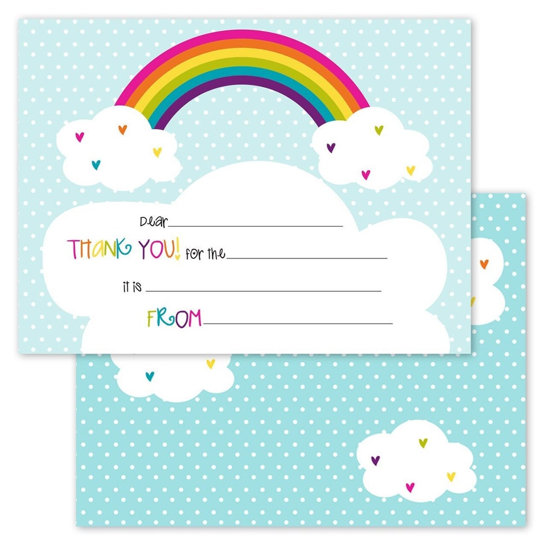 Rainbows and Hearts Kids Thank You Note Card Pack / 20 Vibrant Fill in Thank You Cards and White ...