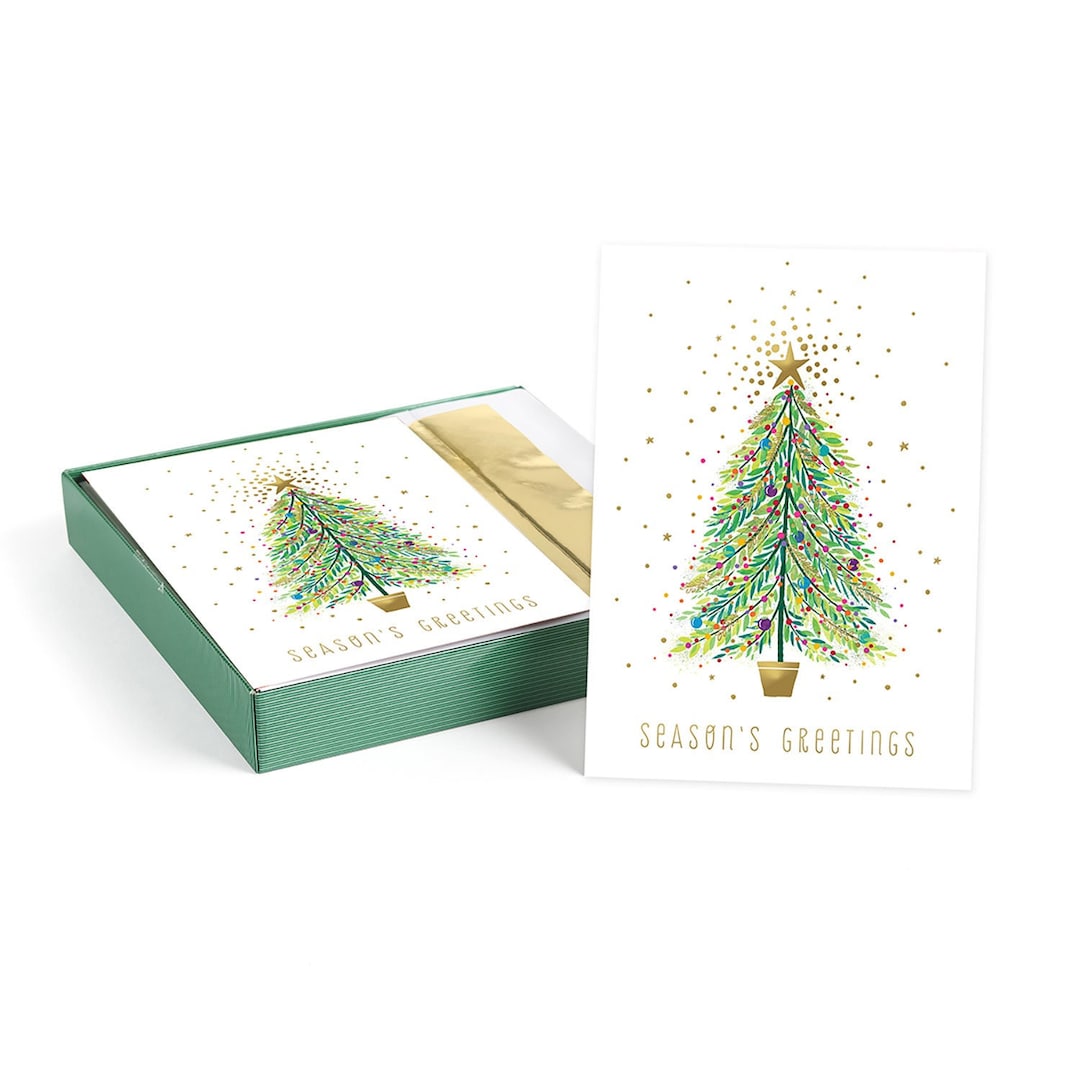 Sparkle Tree Christmas Card Set With Foil Accents / 16 Boxed Holiday ...