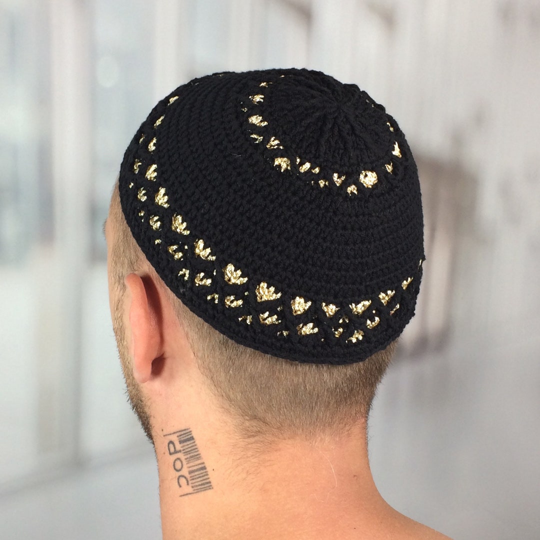 Large Kippah: Black Yarmulke With Gold Ornament - Etsy
