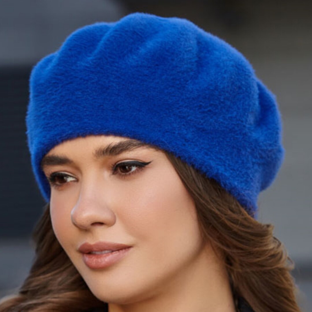Vegan Angora Knit Beret: Sapphire Blue Fluffy French Style - Etsy