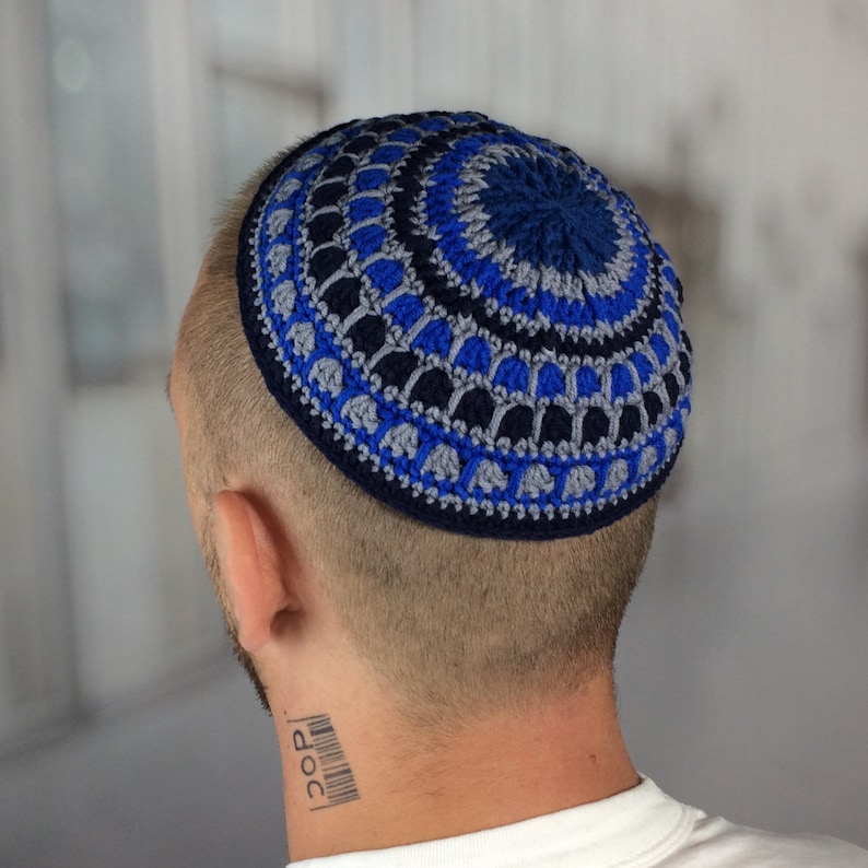 Crochet Kippah | Yarmulke With Blue, Navy & Gray Accents | Elegant ...