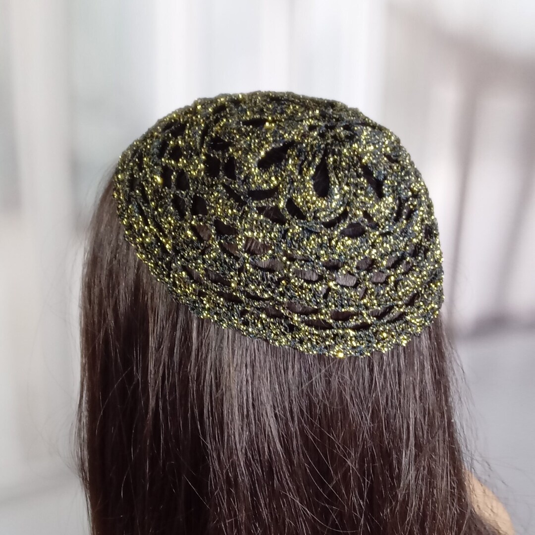 Black-gold Lace Womens Kippot Jewish Crochet Kippah for Ladies Hiddur ...