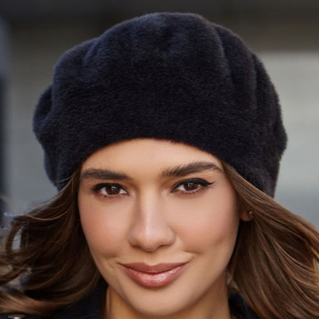 Black Knit Beret: Vegan Angora Fluffy Beanie - Winter Gift - Etsy