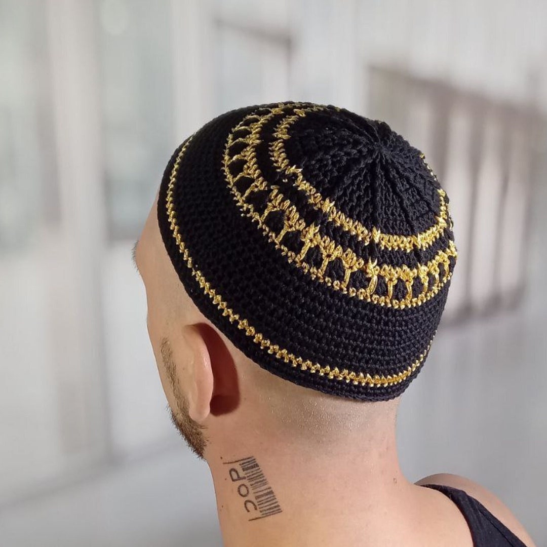 Large Knit Kippah: Jewish Yarmulke With Golden Pattern - Etsy