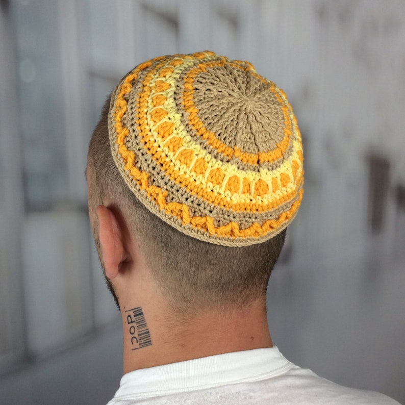 Custom Knitted Kippah | Beige Yarmulke Navy Accents | Gift Jewish Men ...