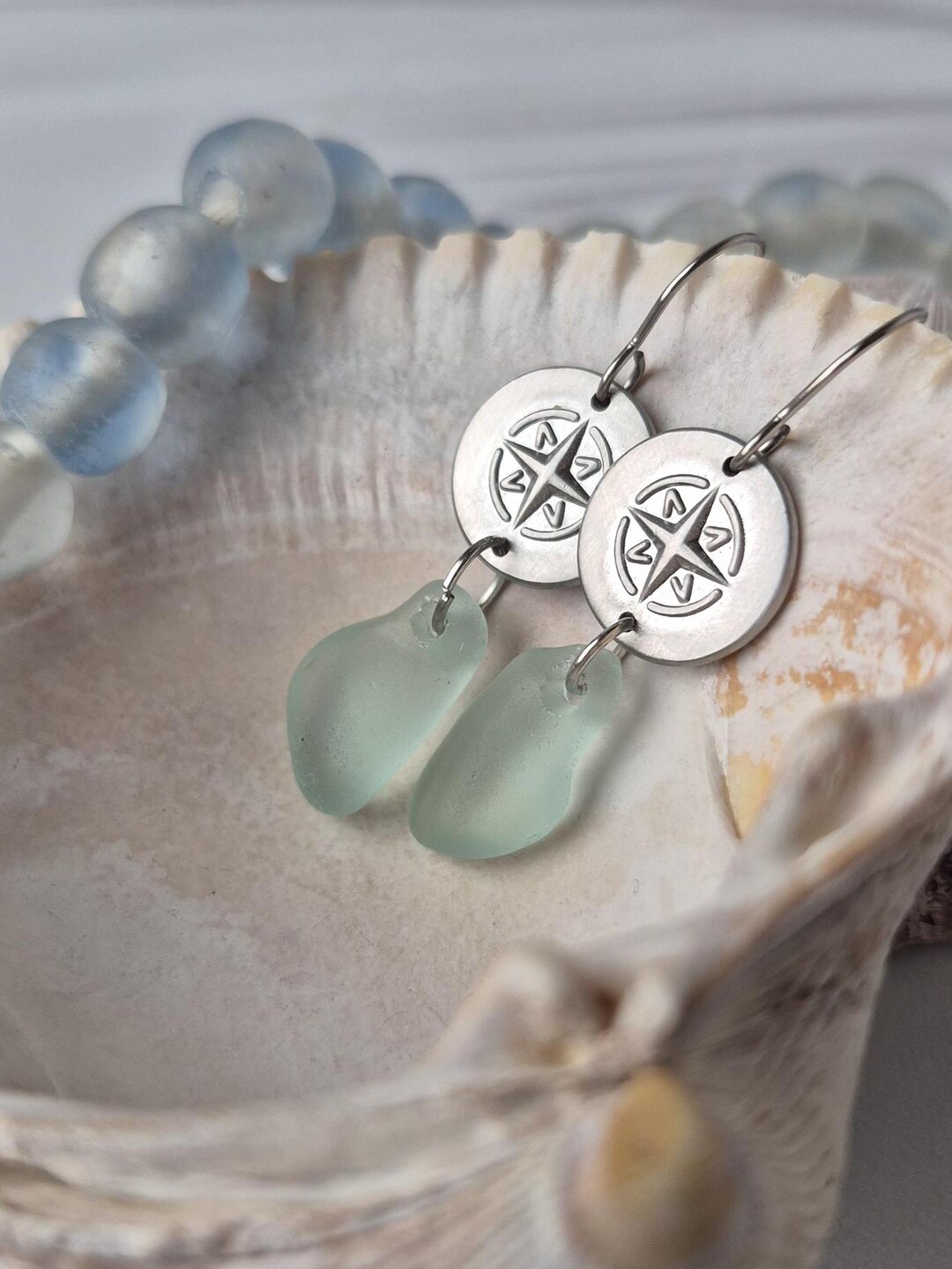 Alaska Sea Glass and Compass Rose Dangles - Etsy