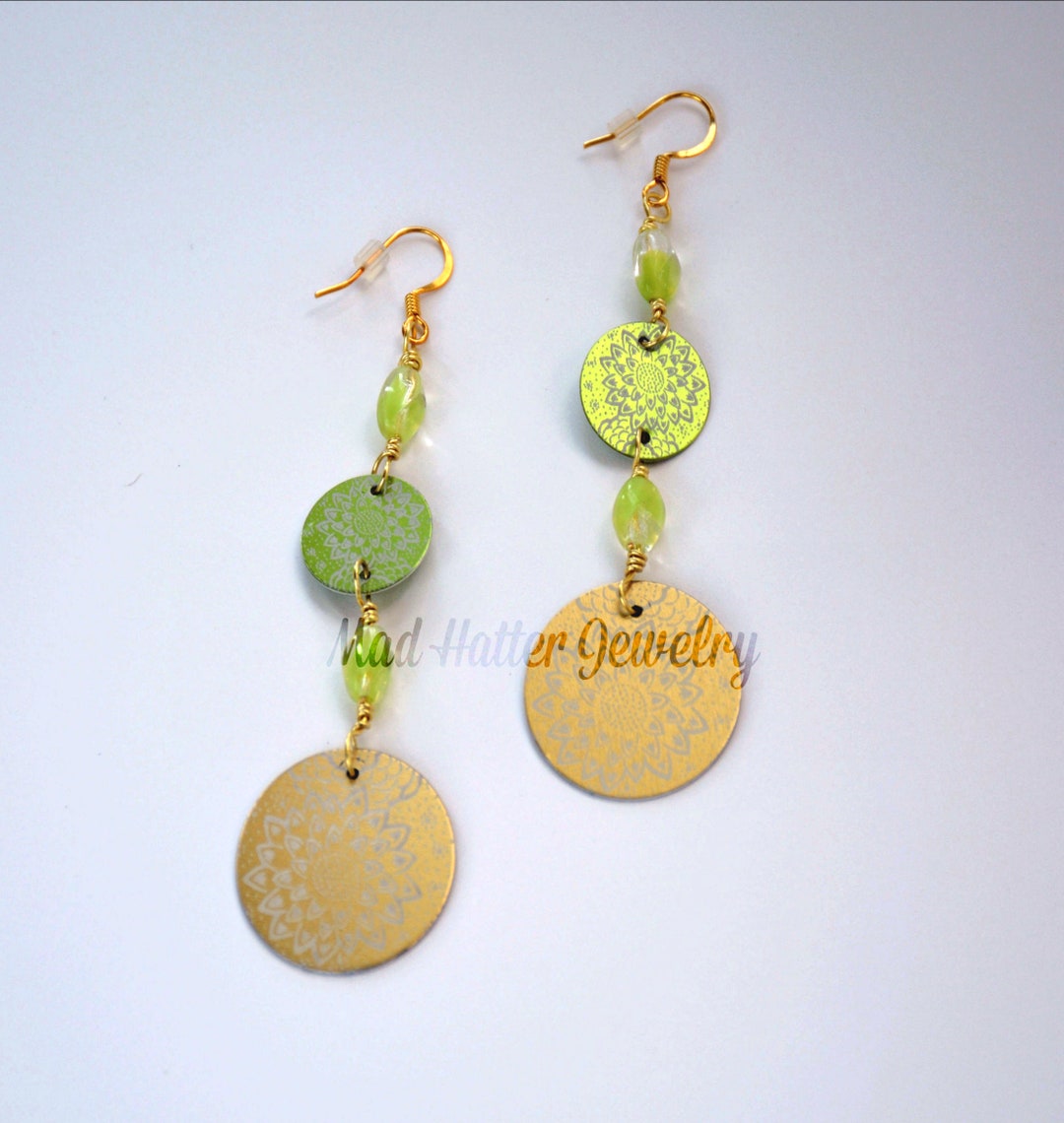 Green and Gold Earrings, Green and Gold Discs Earrings, Lightweight ...