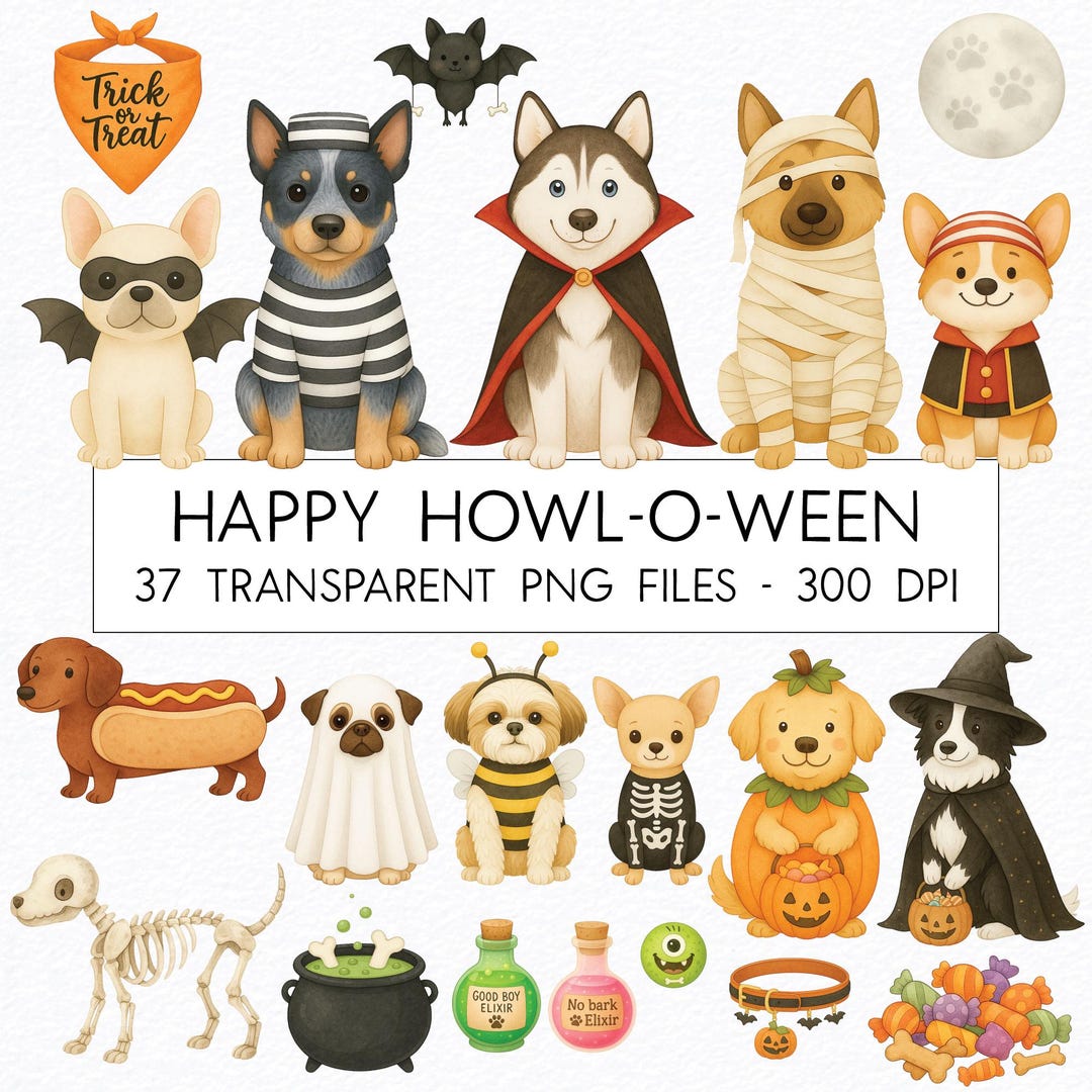 Dog Halloween Clipart Bundle / Watercolor / High Quality PNG ...