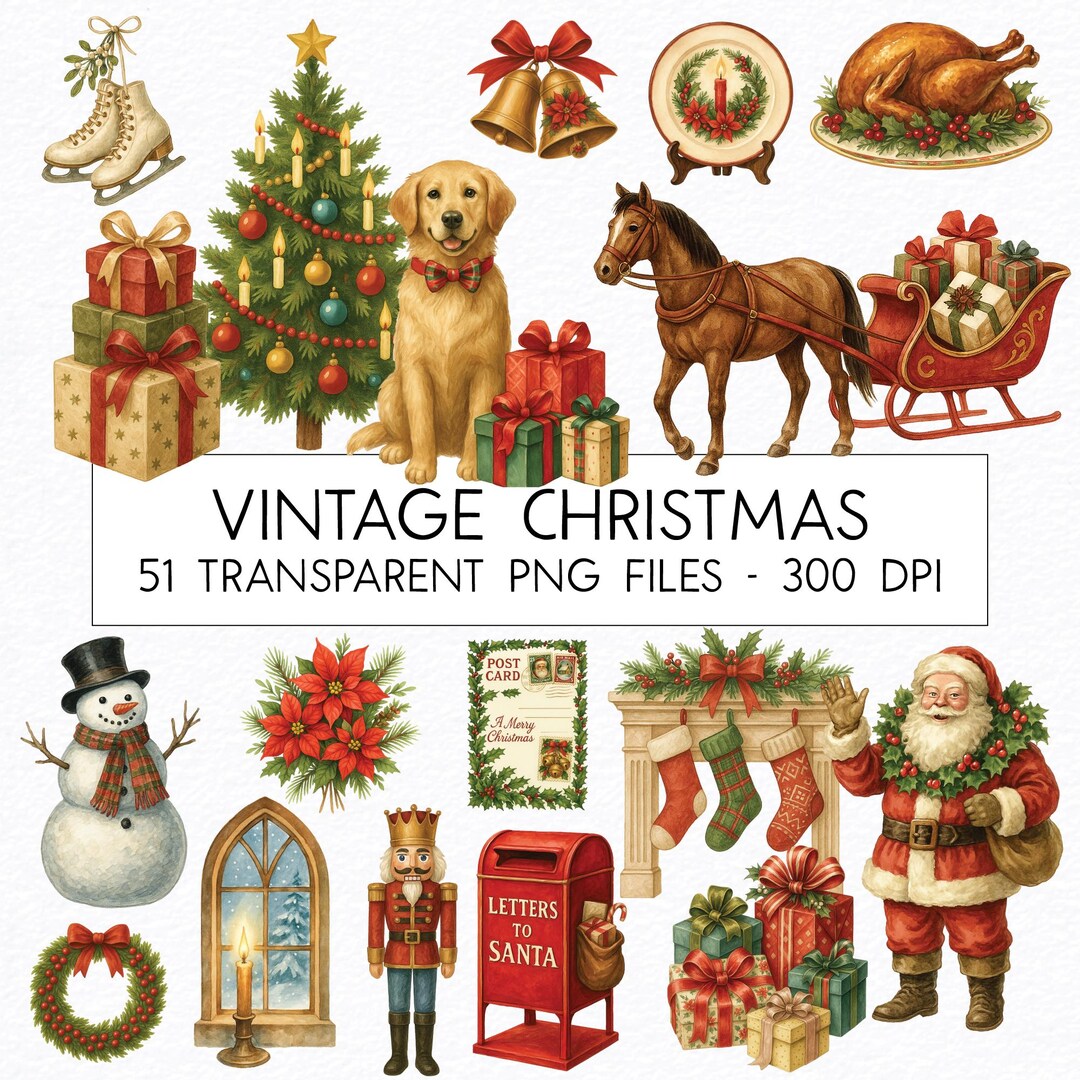 Vintage Christmas Clipart Bundle / Watercolor / High Quality PNG ...