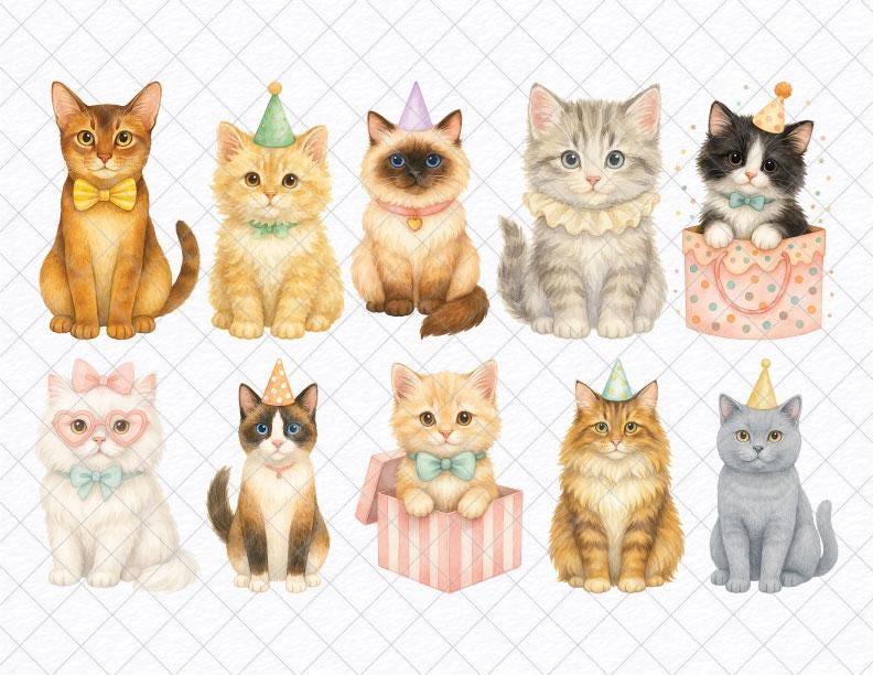 Cat Birthday Clipart Bundle / Watercolor / High Quality PNG ...