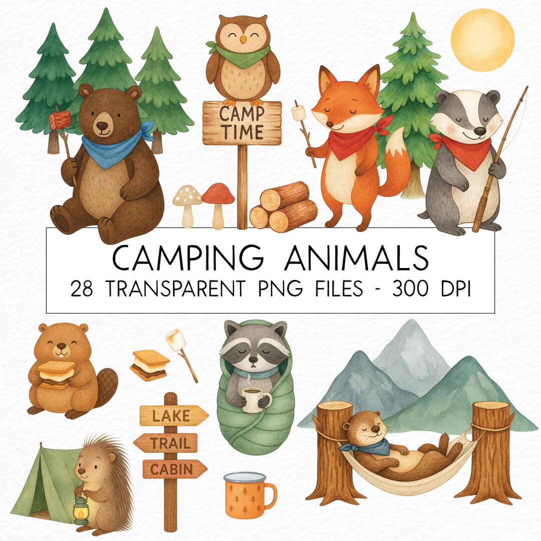 Camping Animals Clipart Bundle / Watercolor / High Quality PNG ...