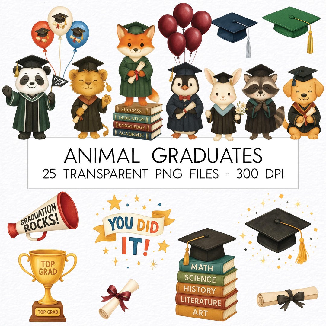 Animal Graduation Clipart Bundle / Watercolor / High Quality PNG ...
