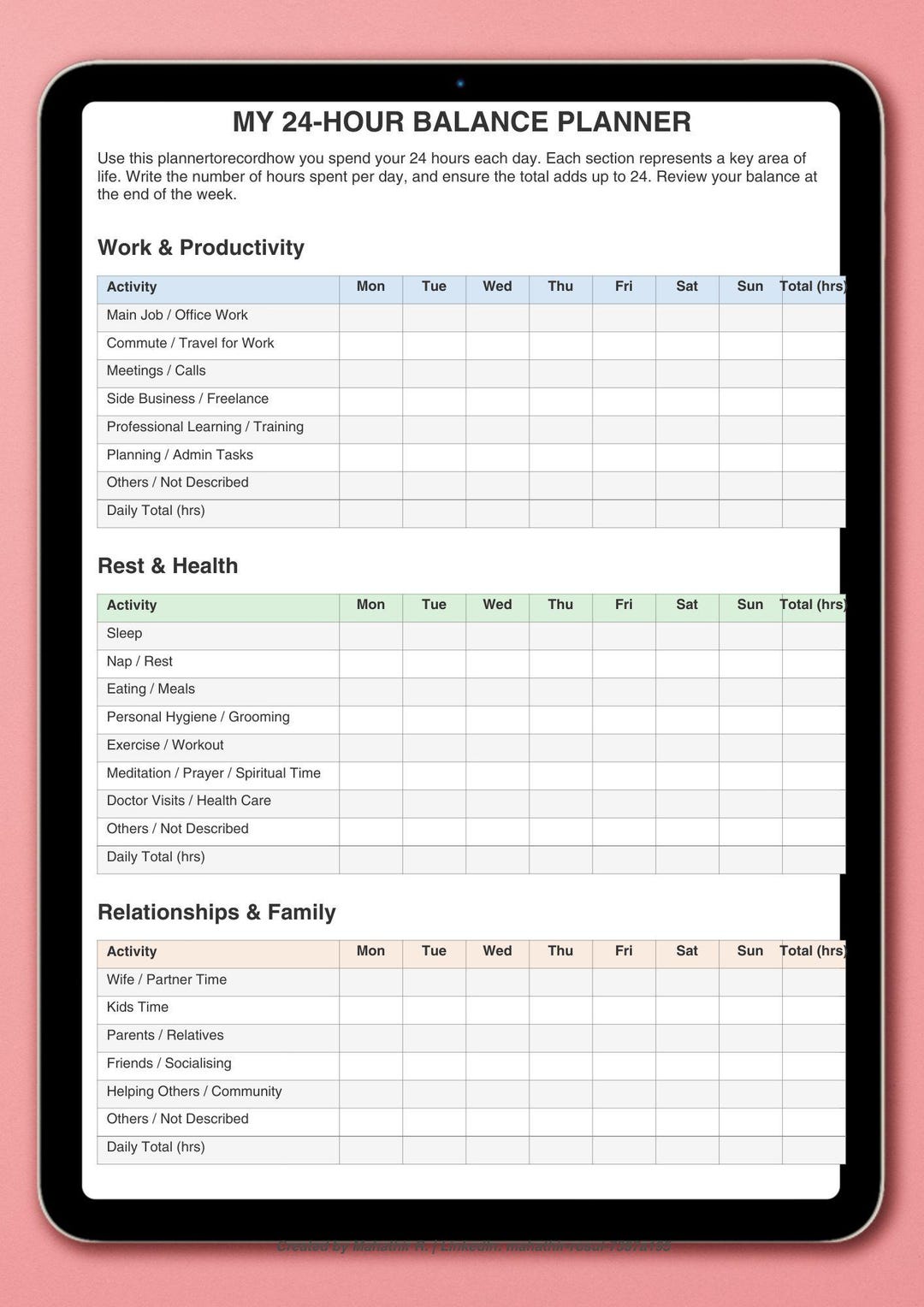 My 24-hour Balance Planner | Printable Time Tracker | Work Life Balance ...
