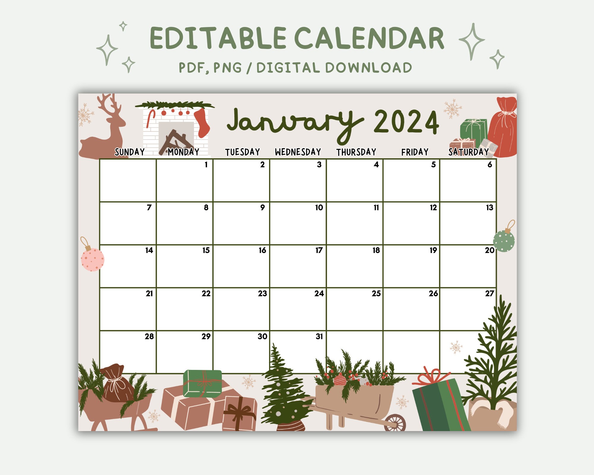 EDITABLE January 2024 Calendar Printable, Boho Calendar 2024, New Year ...