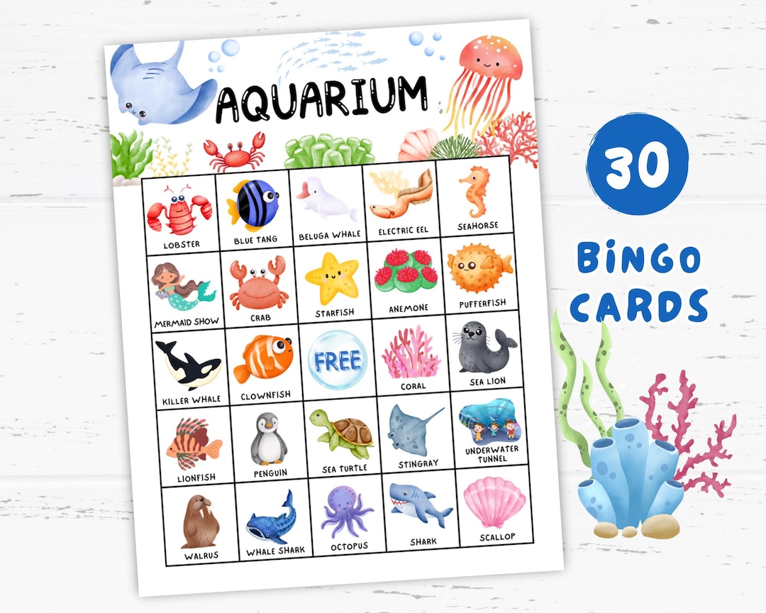 Aquarium Bingo Game 30 Cards, Ocean Animal Party Activity Printable for ...
