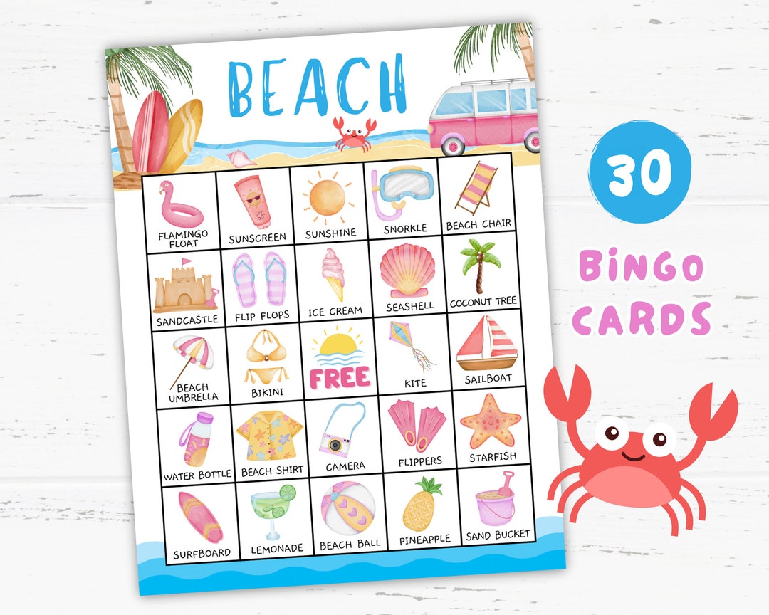 Beach Bingo Cards Printable, Beach Activity Games, Beach Theme Party ...