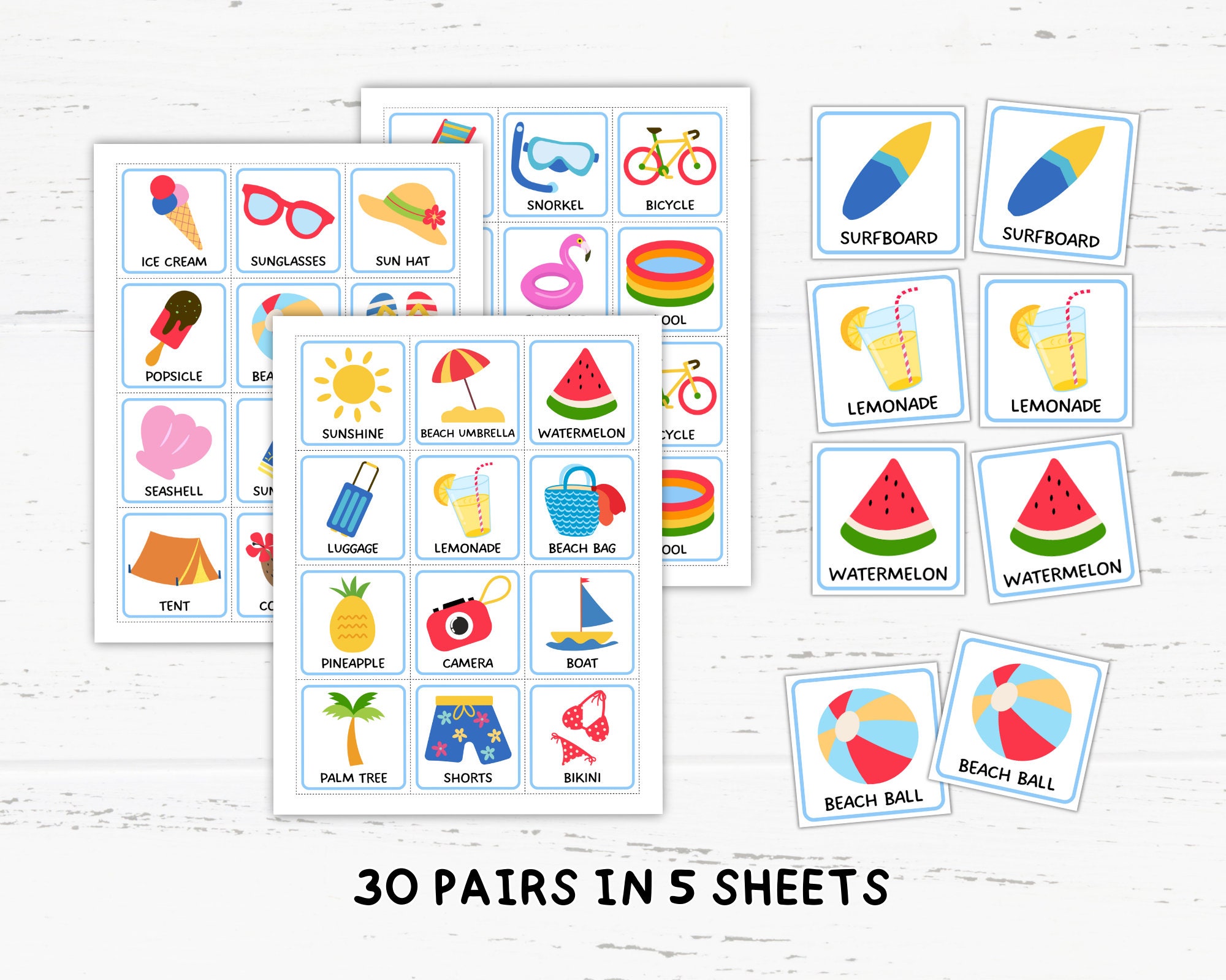 Summer Memory Game Printable, Summer Matching Game, Summer Flashcards ...