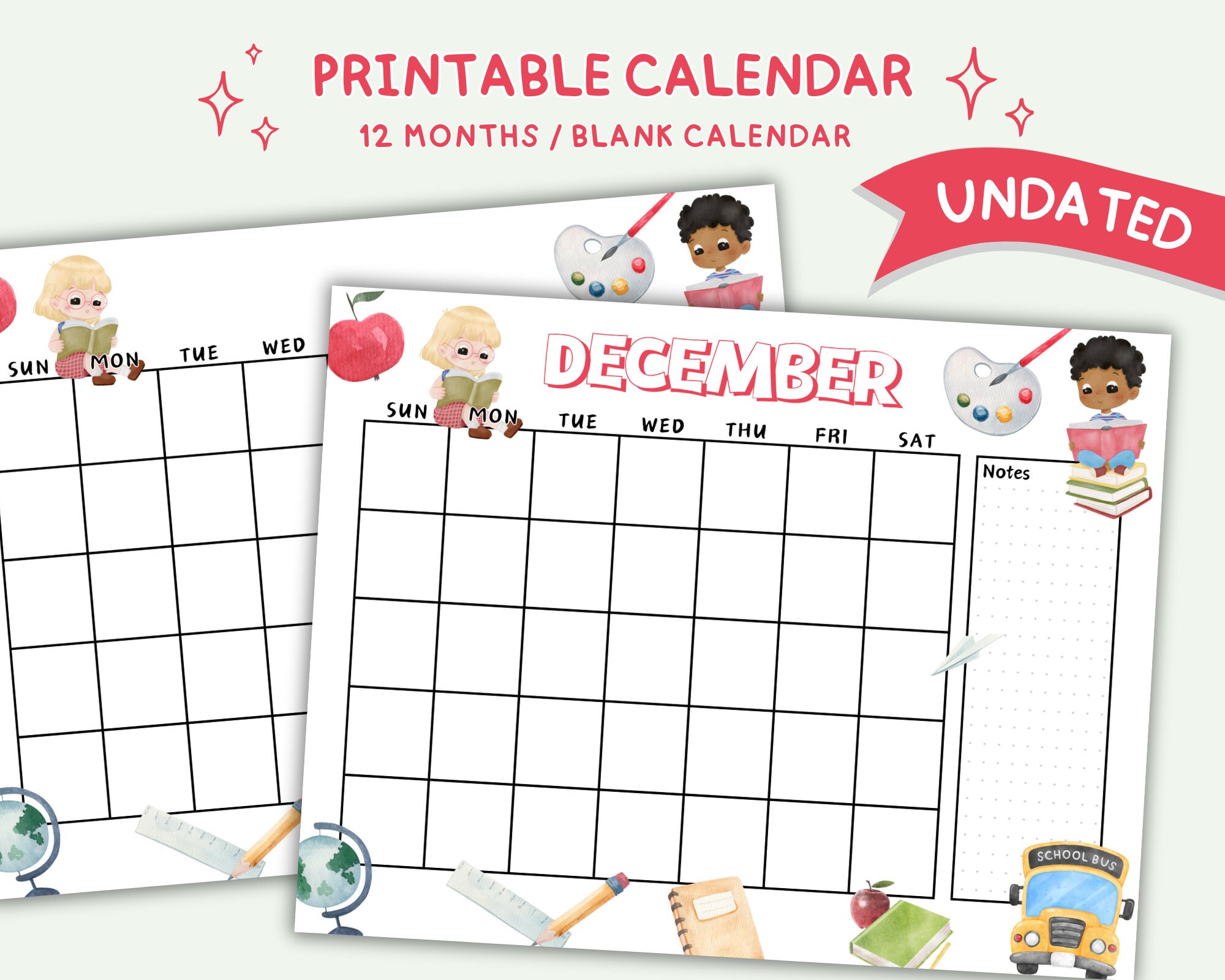 Kawaii School Undated Calendar Printable, Cute School Calendar Template ...
