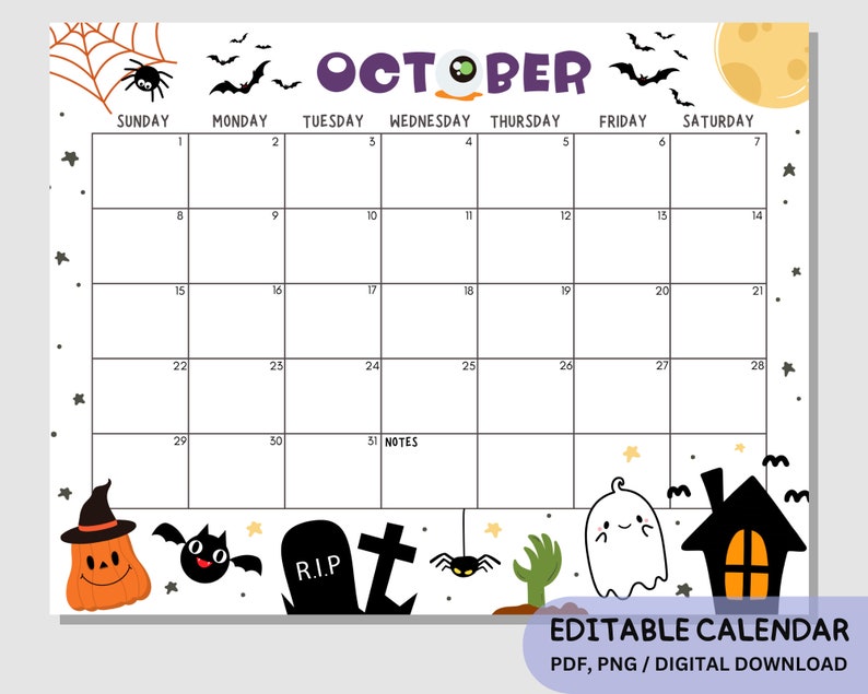 EDITABLE October 2023 Calendar, Halloween Calendar, Fillable Calendar ...