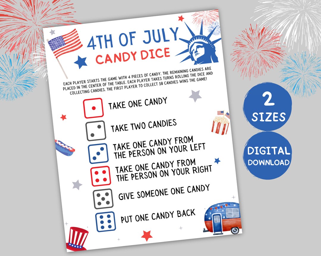 4th of July Candy Dice Game Printable, Fourth of July Party Games, 4th ...