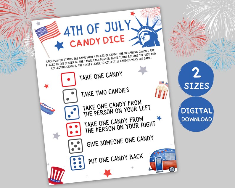 4th of July Candy Dice Game Printable, Fourth of July Party Games, 4th ...