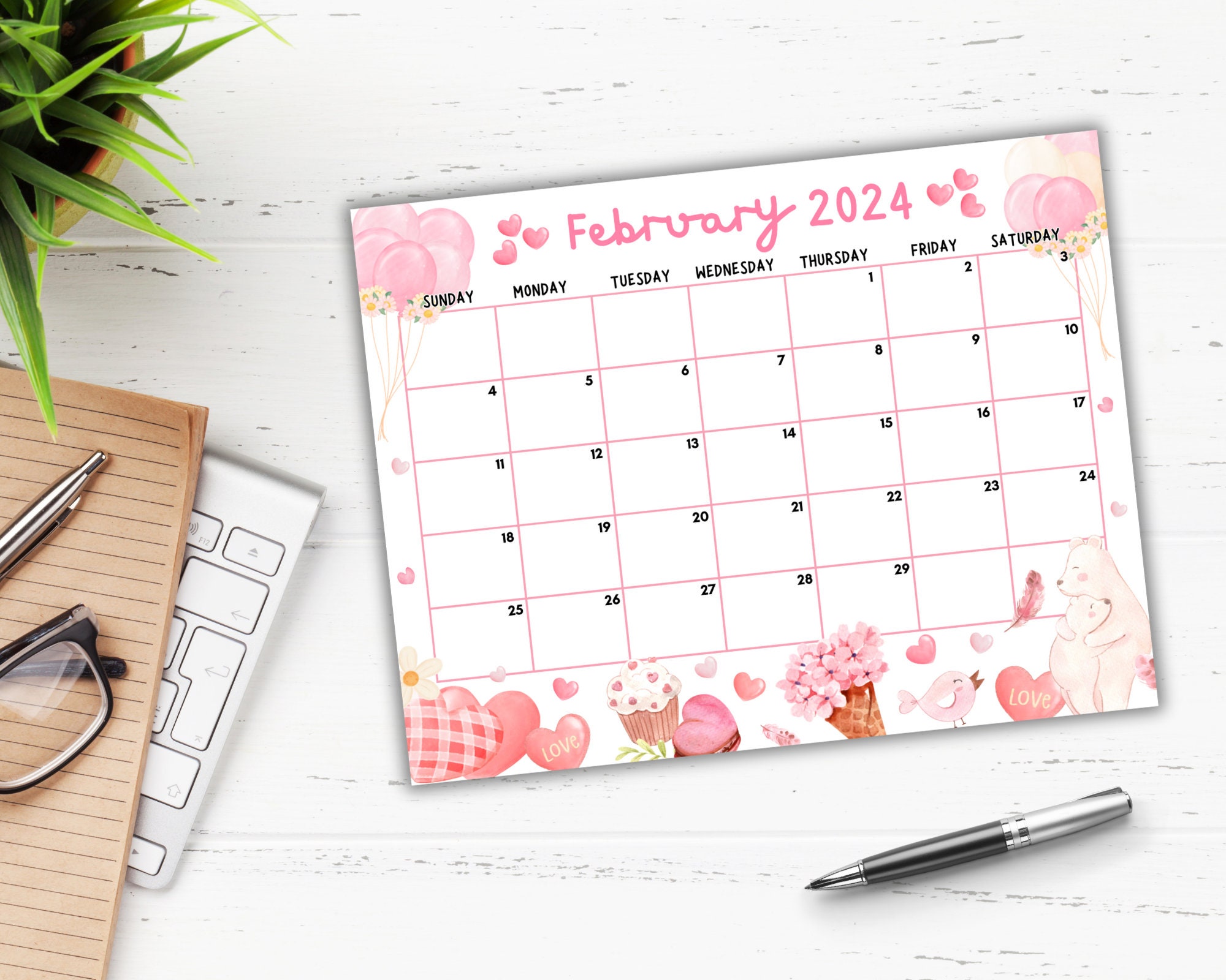 EDITABLE February 2024 Calendar Printable, Teddy Bear Calendar, Pink ...