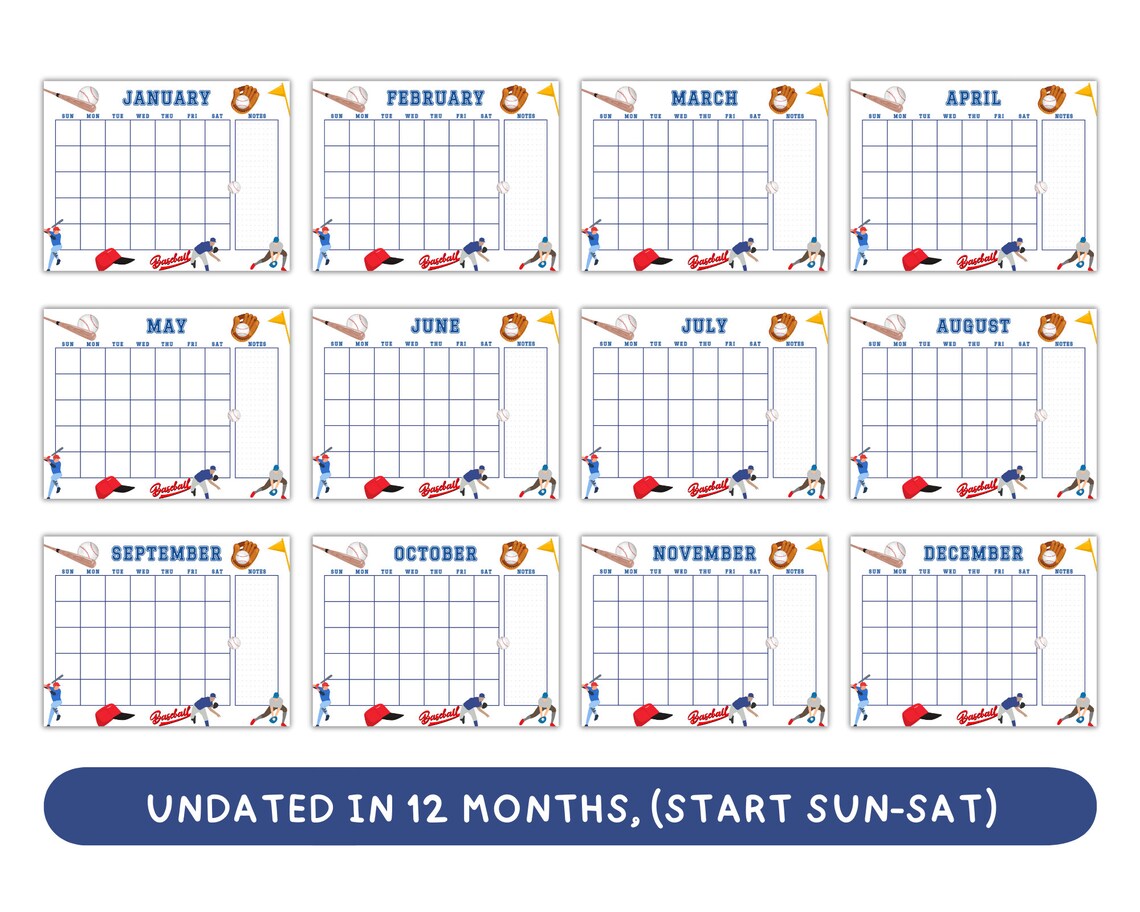 Baseball Undated Calendar Printable, Baseball Monthly Milestone ...