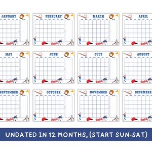 Baseball Undated Calendar Printable, Baseball Monthly Milestone ...