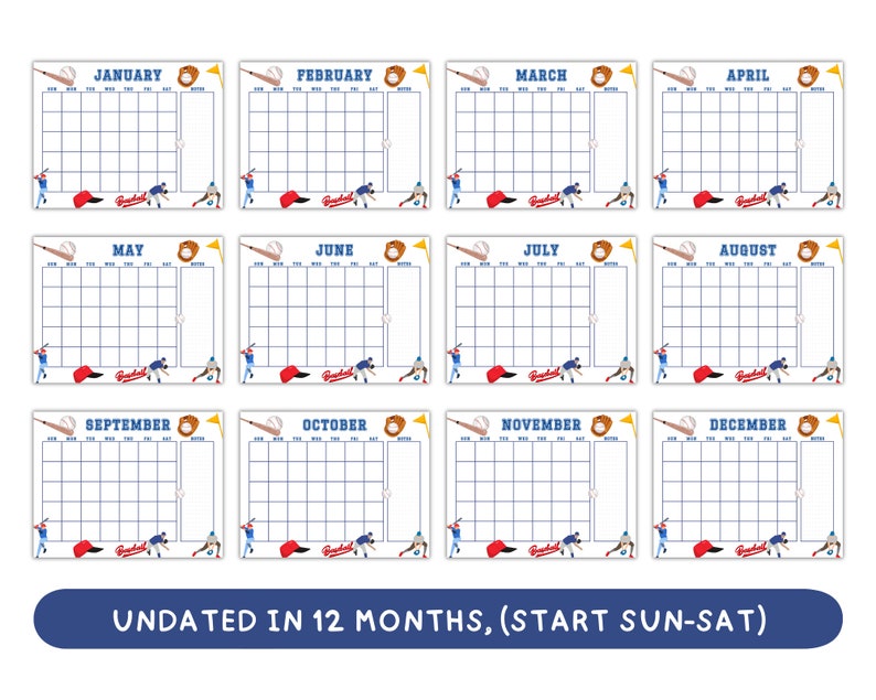 Baseball Undated Calendar Printable, Baseball Monthly Milestone ...