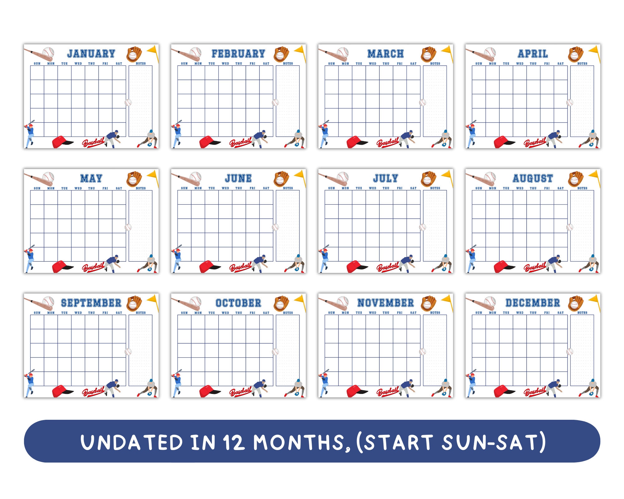 Baseball Undated Calendar Printable, Baseball Monthly Milestone ...