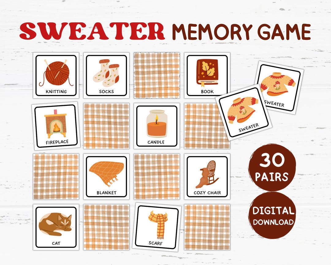 Sweater Weather Fall Memory Matching Game Printable, Autumn Flashcards ...