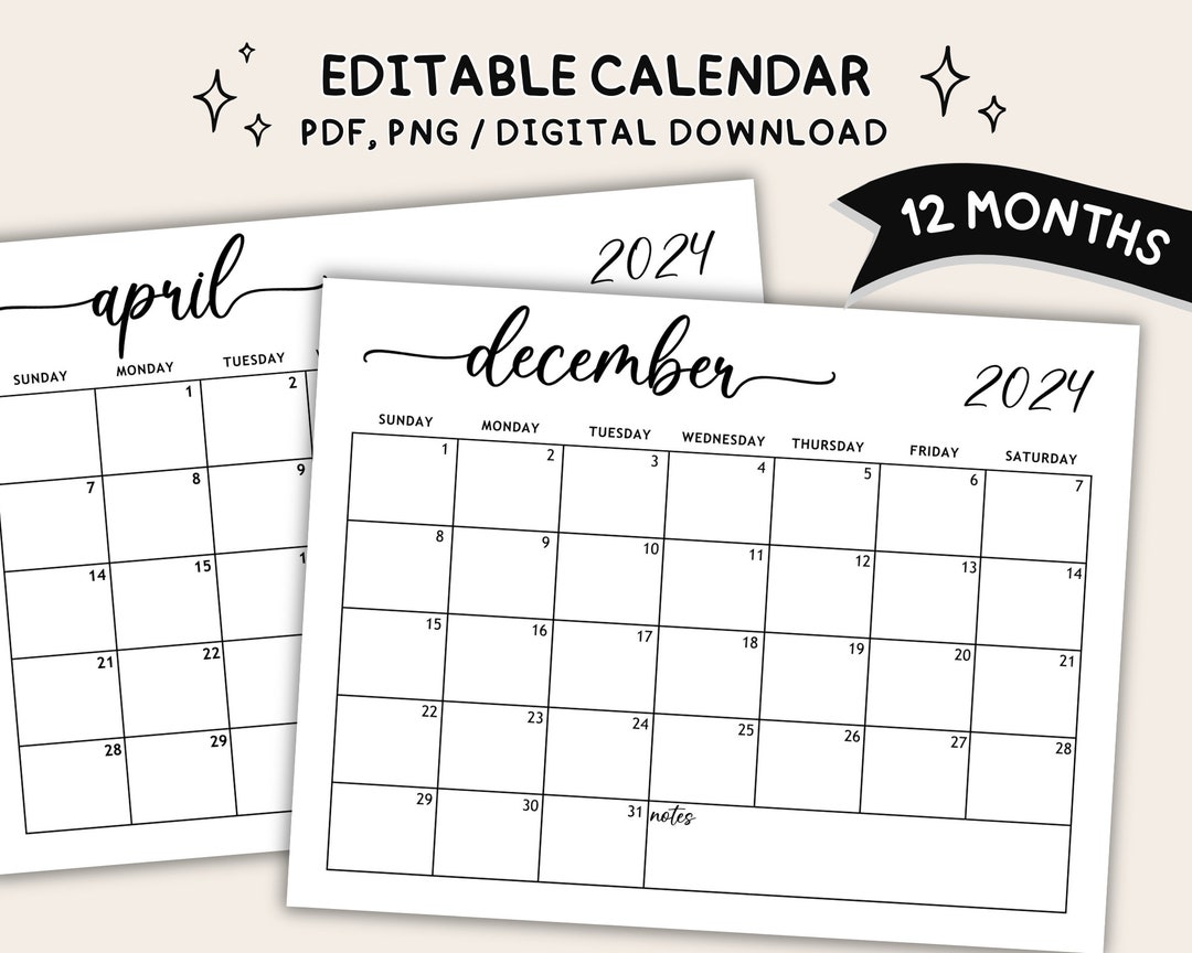 Editable Calendar 2024 Printable, 2024 Monthly Calendar PDF, 2024 ...